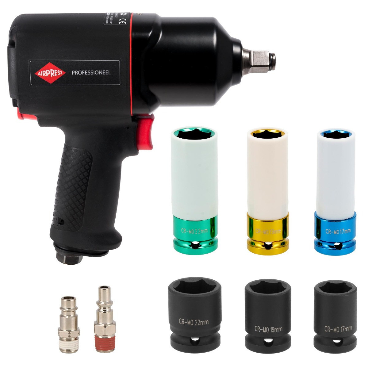 Klucz udarowy pneumatyczny 1/2" + 3 nasadki udarowe + 3 nasadki do felg aluminiowych - zestaw ...